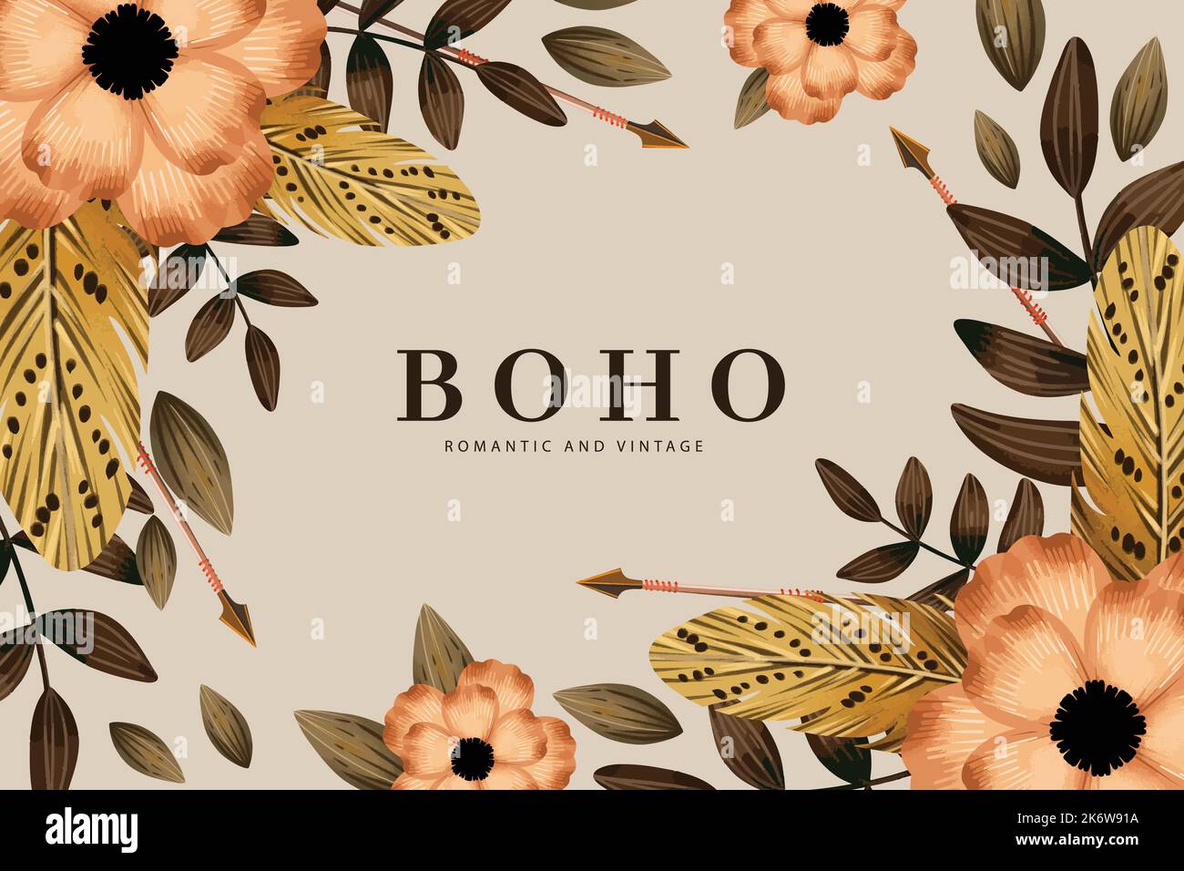 watercolor boho background with flowers leaves vector design ...