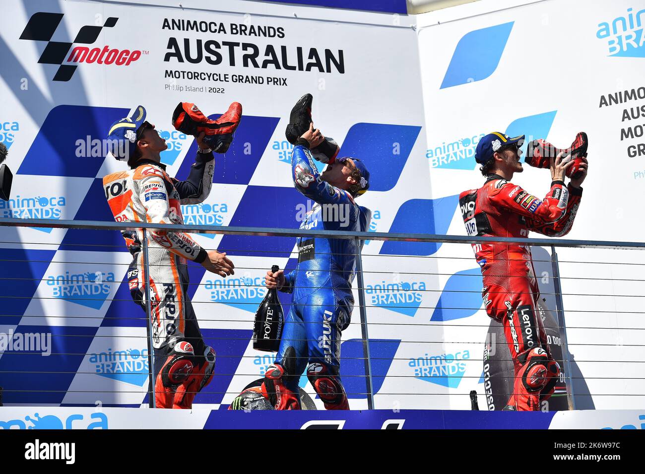 Melbourne, Australia. 16th Oct, 2022. Alex Rins, Marc Marquez and Francesco (Pecco) Bagnaia ...