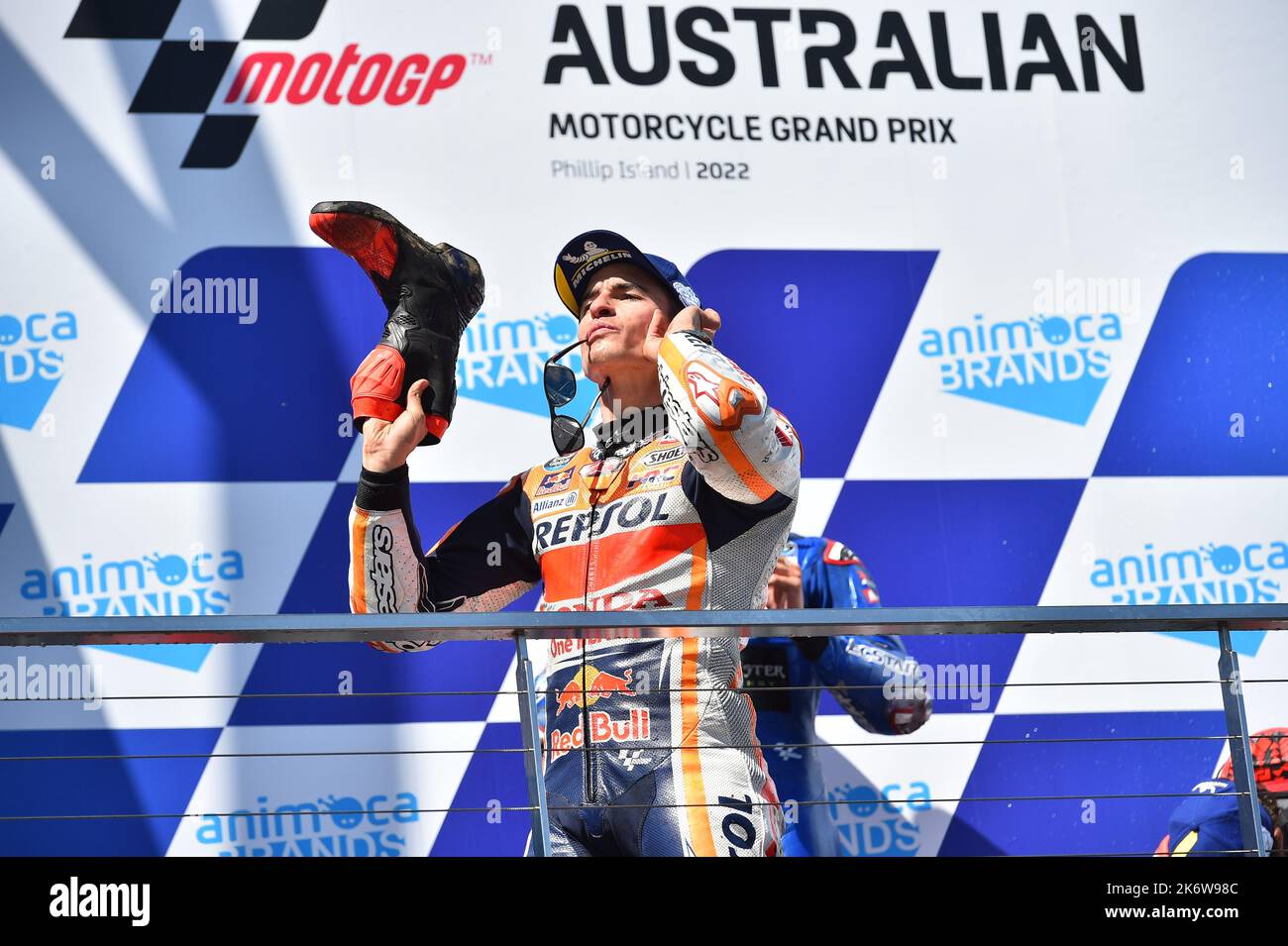 Melbourne, Australia. 16 October, 2022. Marc Marquez on the podium following his second place ...