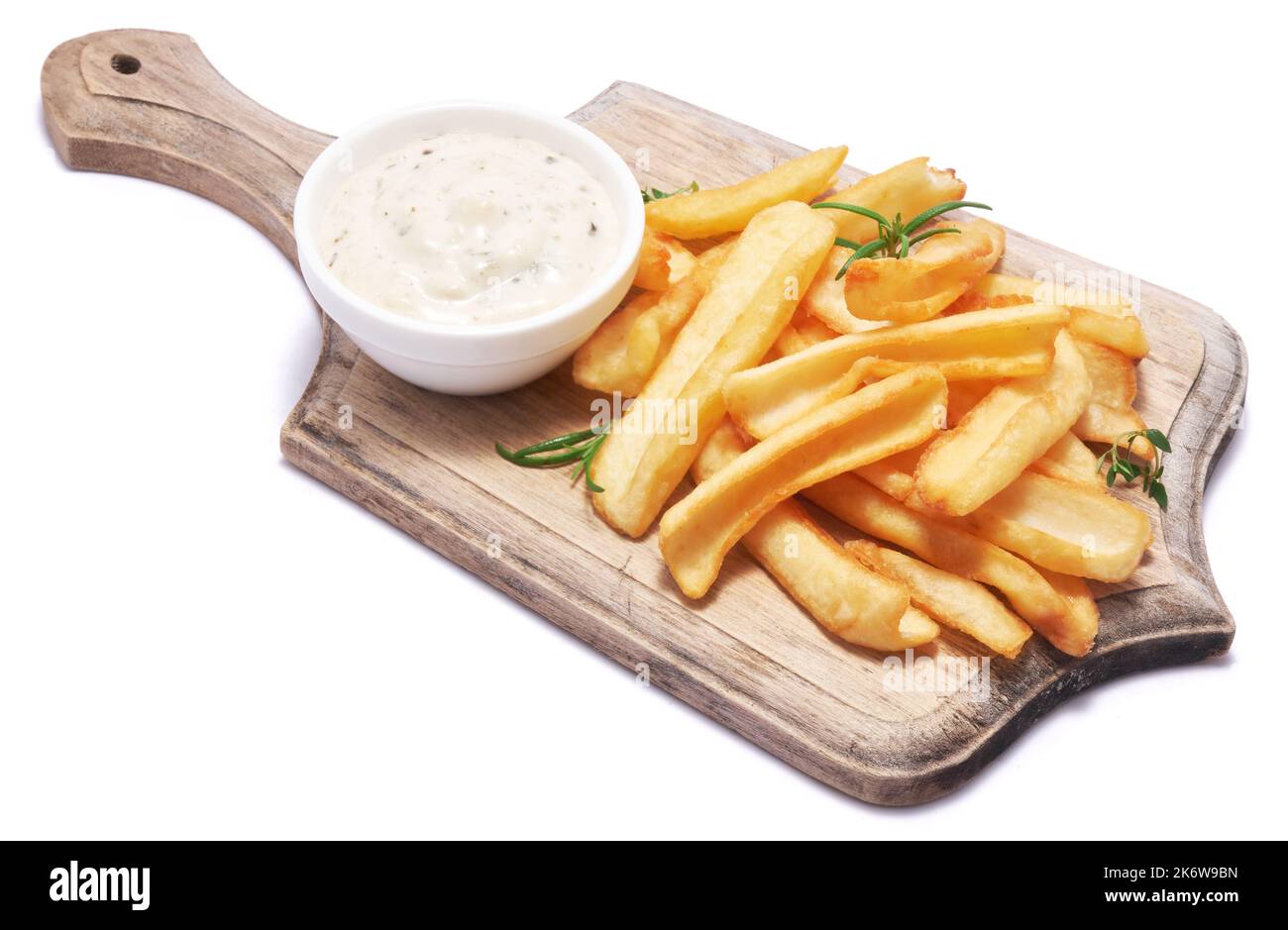 French fries potatoes on wooden serving board isolated on white ...