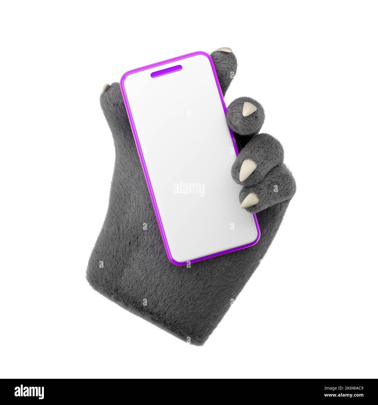 3d furry wolf hands holding mobile phone in plastic cartoon style ...