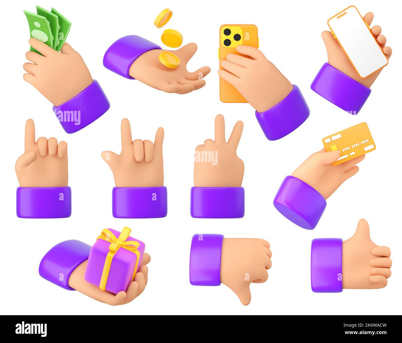 Human hands gestures set. Holding money, phone, gift, card, thumb up ...
