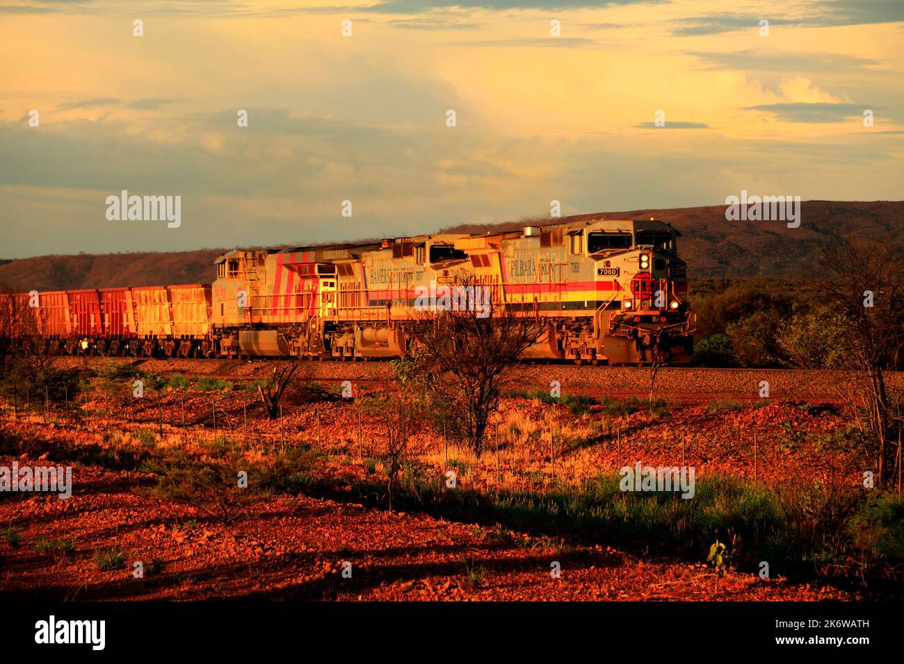Hamersley Iron Ore GE dash 9 locomotive with carriages, Pilbara ...