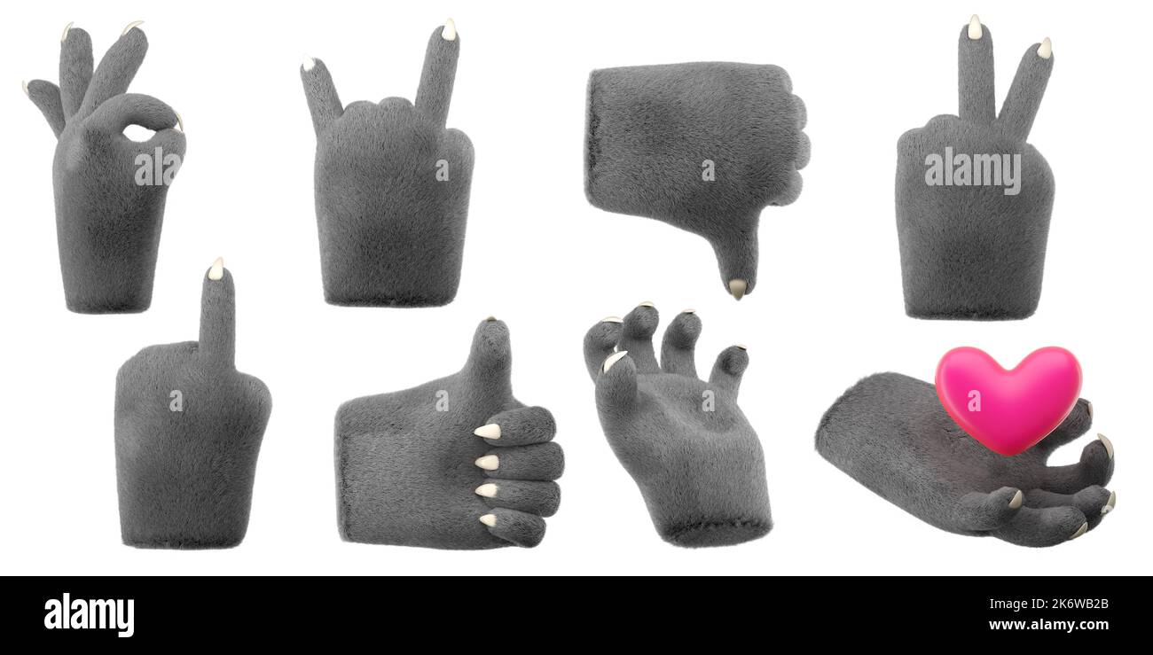 3d furry wolf hands set in plastic cartoon style. Different fingers and ...