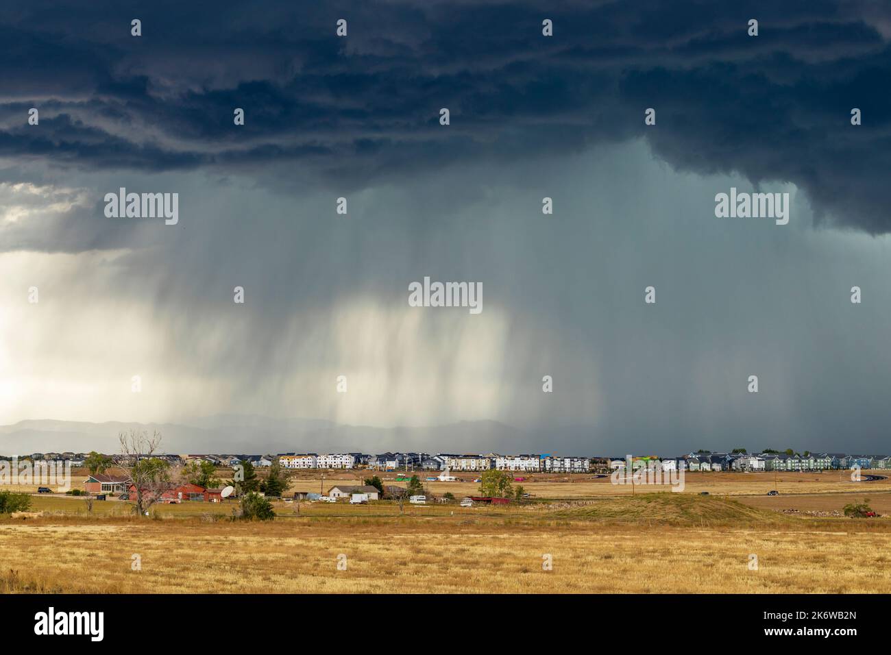 Dark storm clouds over the horizon with heavy rain on a windswept ...
