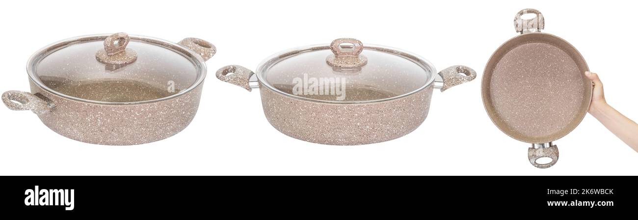 Enameled cooking pot. Isolated from the background in different angles ...