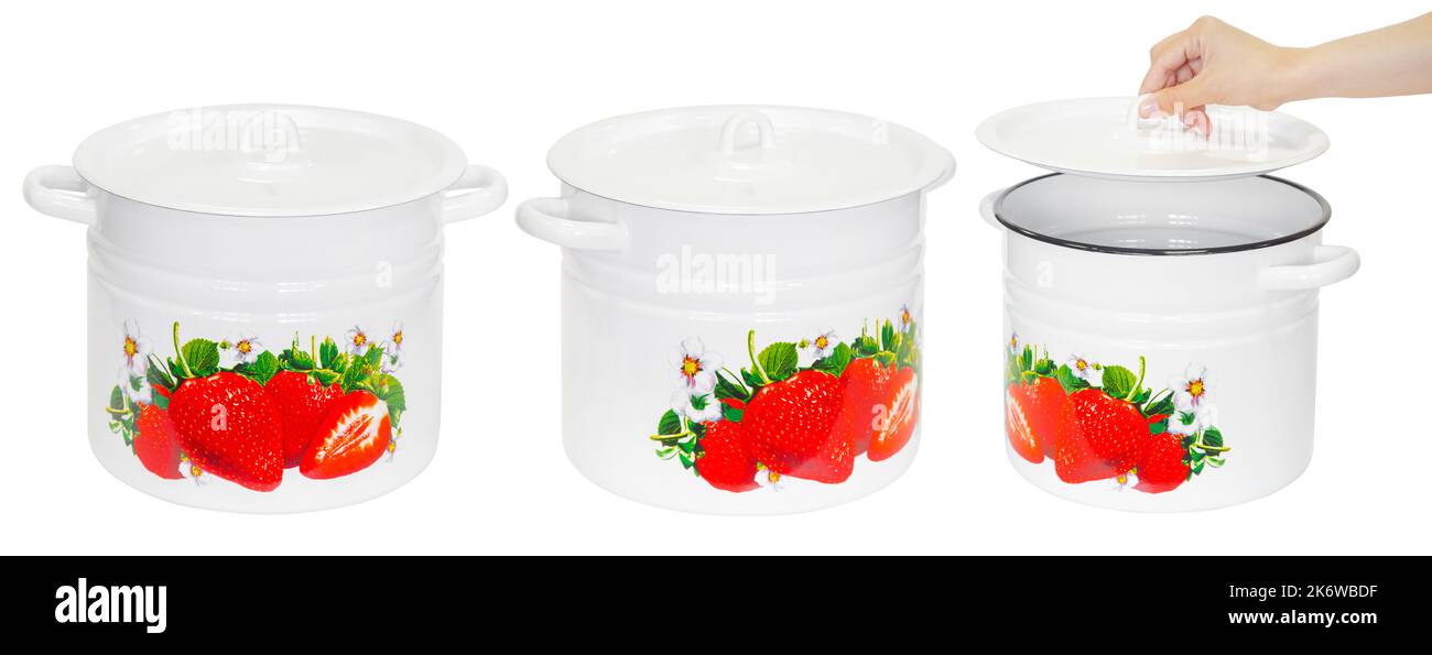 Enameled cooking pot. Isolated from the background in different angles ...