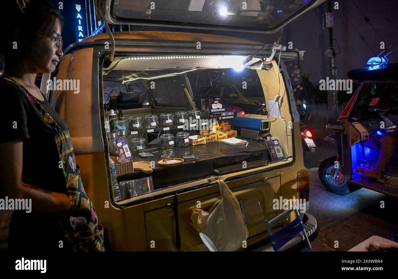 Bangkok, Thailand. 15th Oct, 2022. General view of a marijuana pop up truck in Bangkok's ...