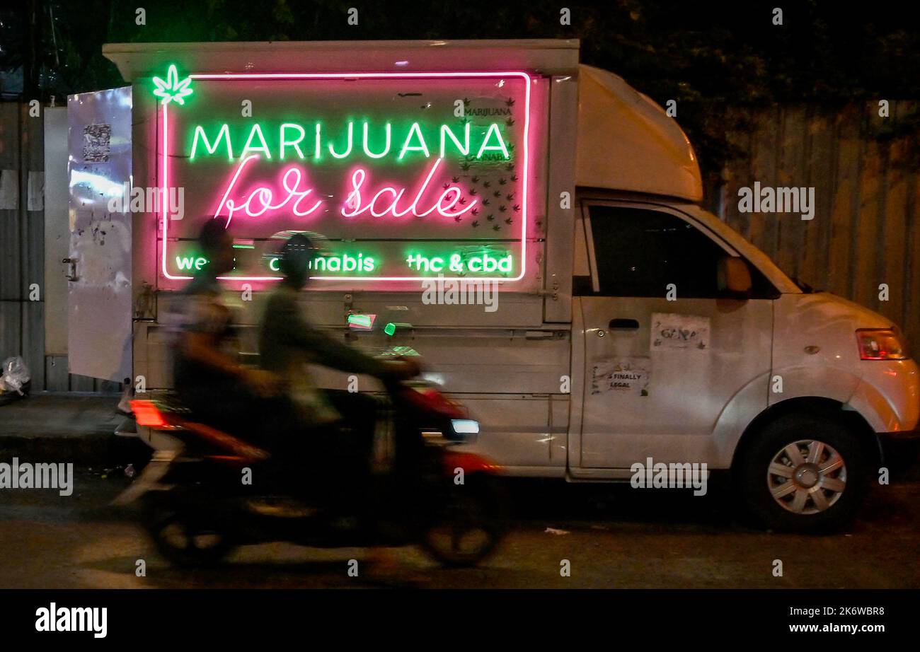 Bangkok, Thailand. 15th Oct, 2022. General view of a marijuana pop up truck in Bangkok's ...