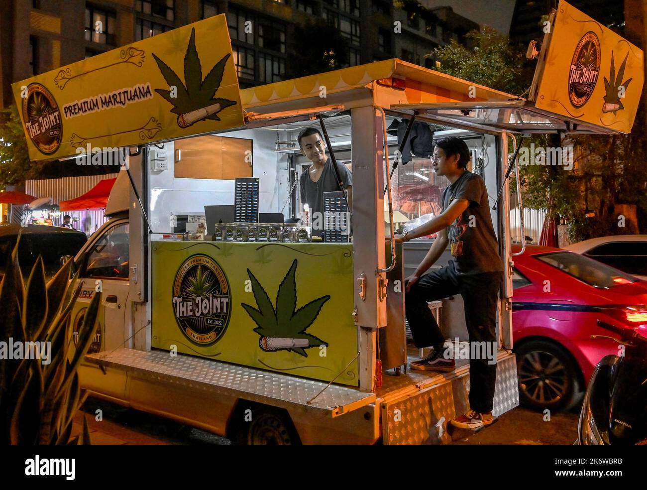 Bangkok, Thailand. 15th Oct, 2022. General view of a marijuana pop up truck in Bangkok's ...