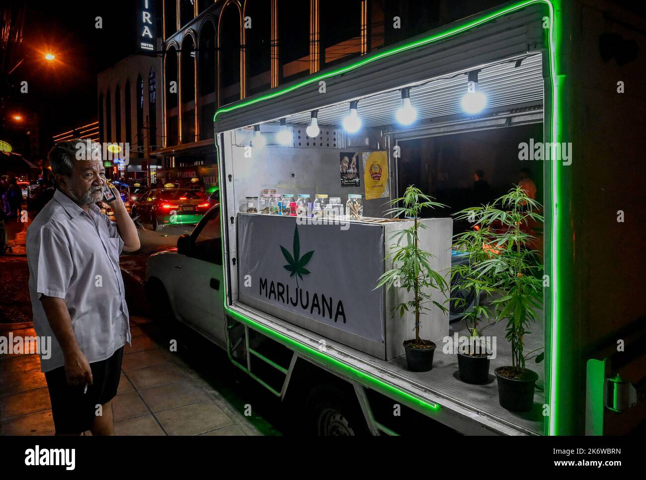 Bangkok, Thailand. 15th Oct, 2022. General view of a marijuana pop up truck in Bangkok's ...