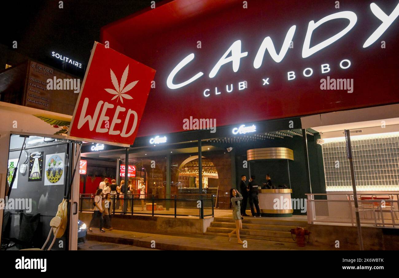 Bangkok, Thailand. 15th Oct, 2022. General view of a marijuana pop up truck's " weed" sign in ...