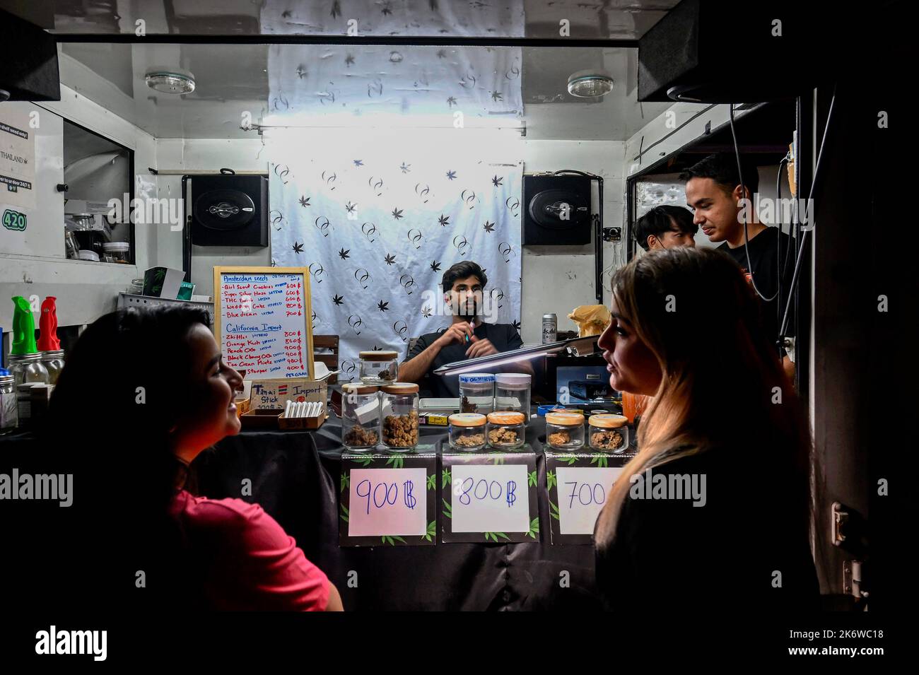 Bangkok, Thailand. 15th Oct, 2022. General view of a marijuana pop up truck with customers in ...