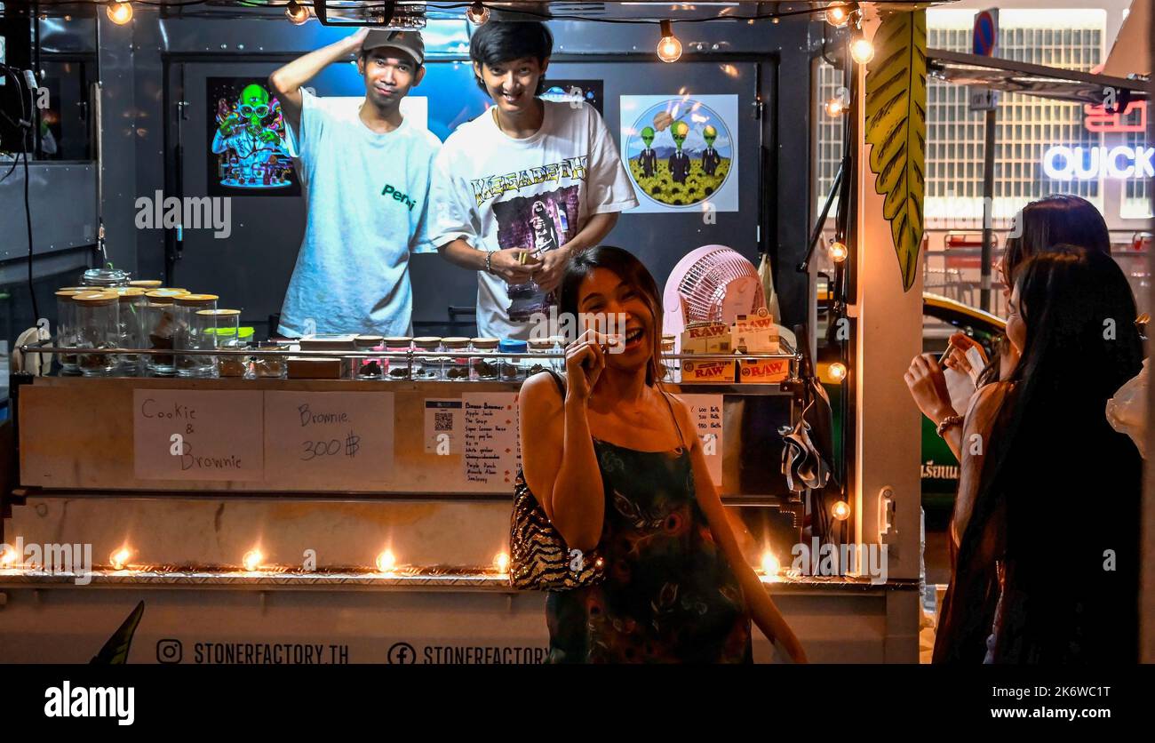 Bangkok, Thailand. 15th Oct, 2022. General view of a marijuana pop up truck with customers in ...