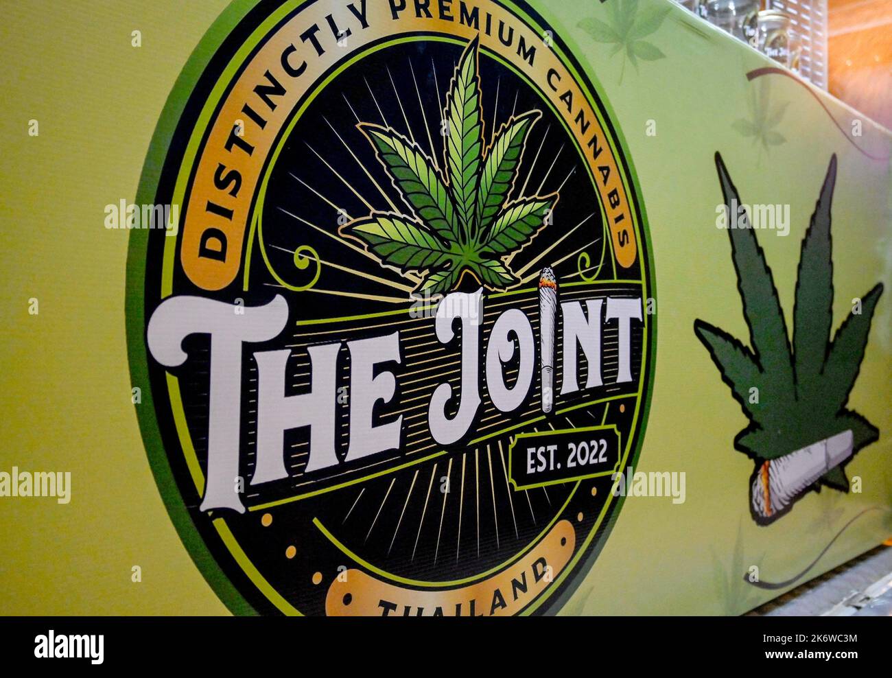 Bangkok, Thailand. 15th Oct, 2022. A close up of a marijuana logo in Bangkok's Sukhumvit Rd, Soi ...