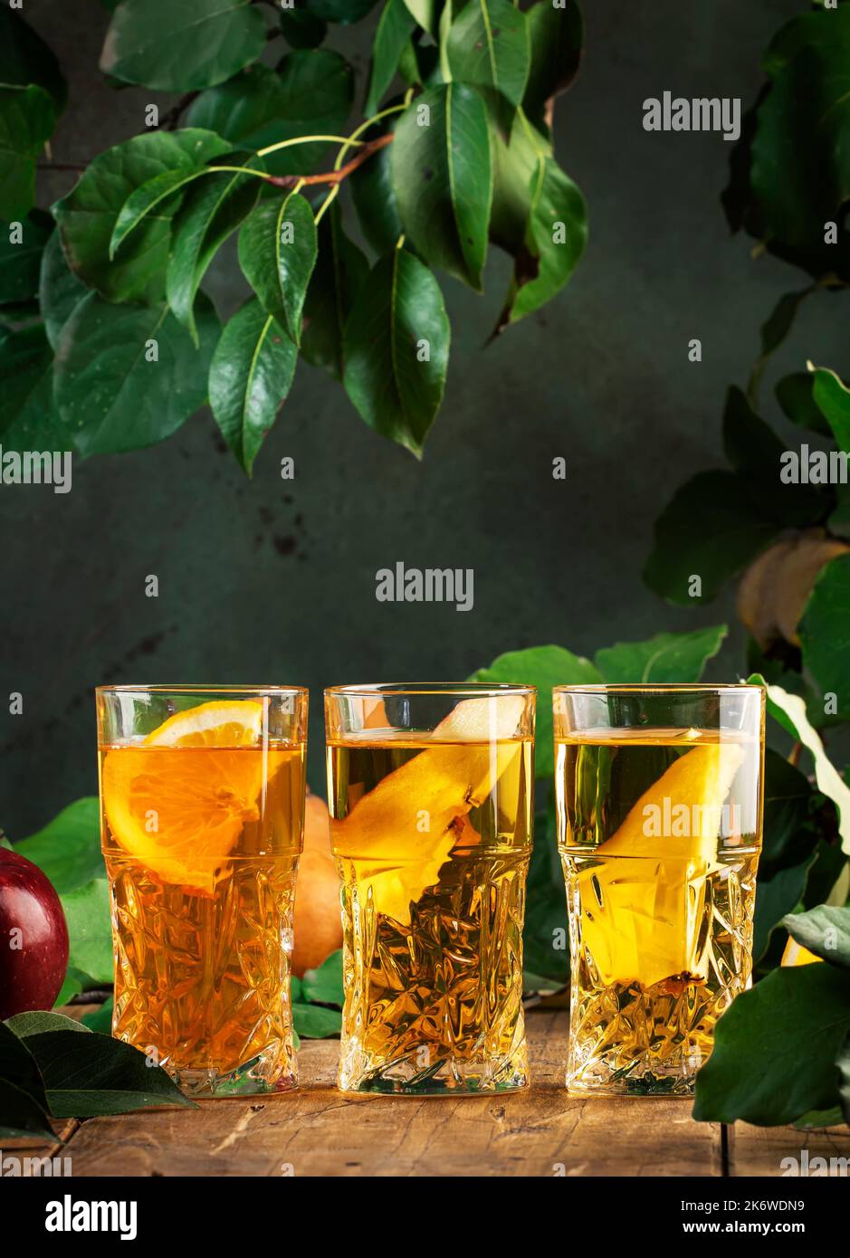 Cider glasses: apple, pear and orange flavored cider. Fermented low ...