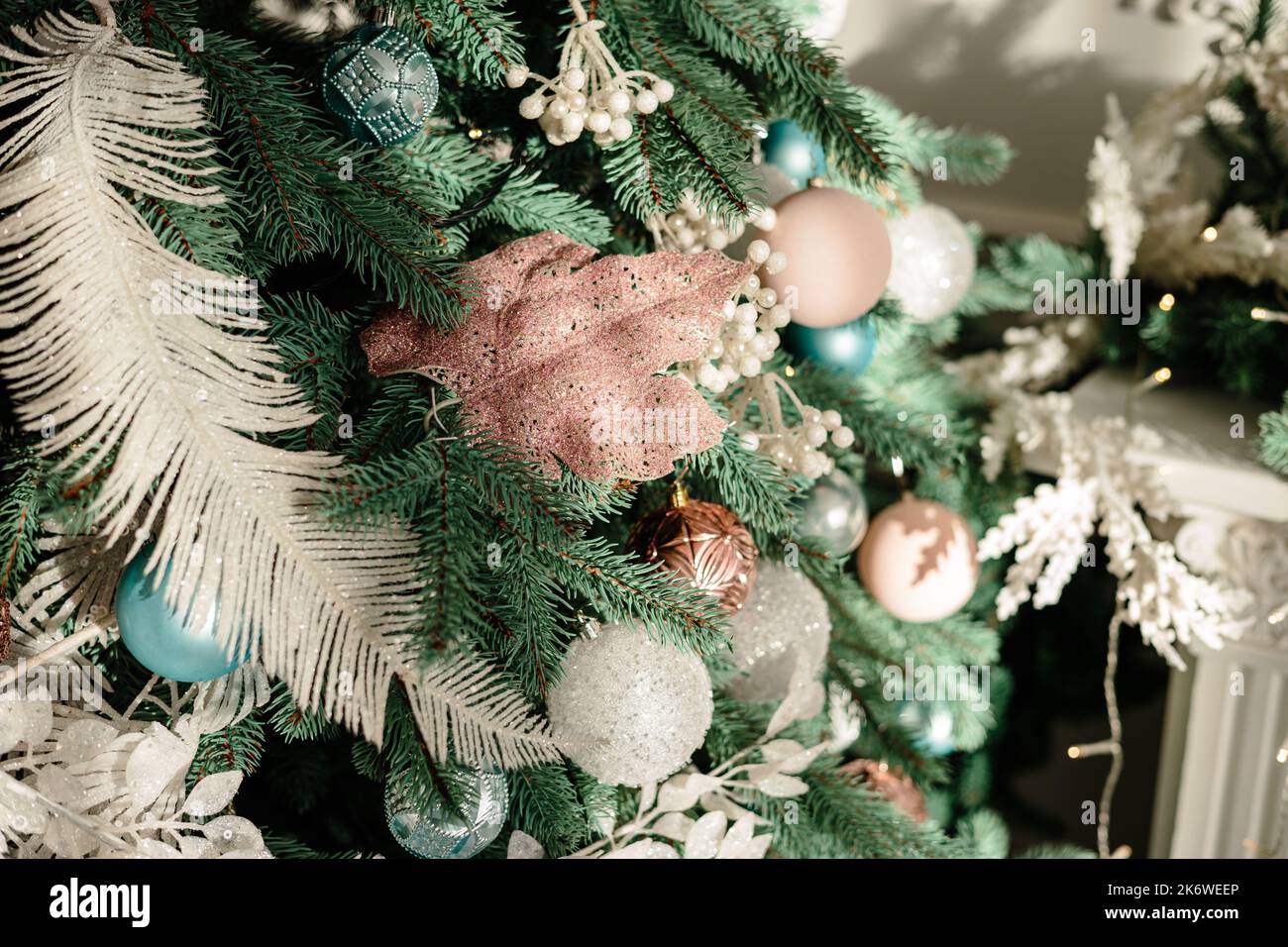 New Year's interior in the apartment, Christmas tree decorated with ...