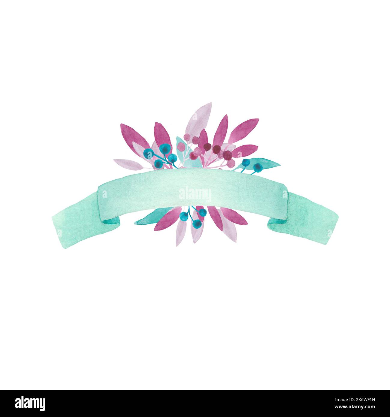 Hand drawn watercolor mint ribbon with mint and pink leaves, purple and ...