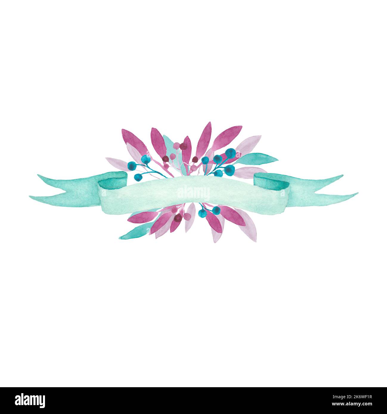 Hand drawn watercolor mint ribbon with mint and pink leaves and blue ...