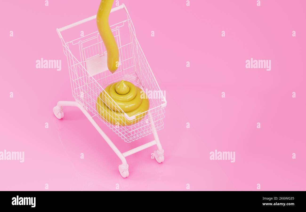 Yellow cartoon poop is in shopping cart on pink background. Shit falls ...