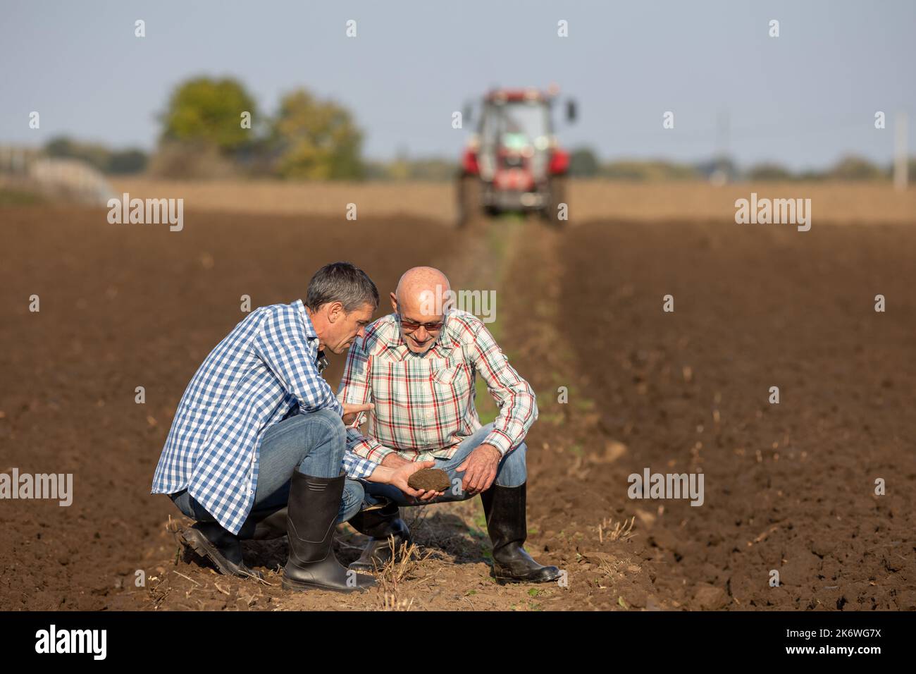 Two mature farmers crouching in field in autumn time, holding clod of ...