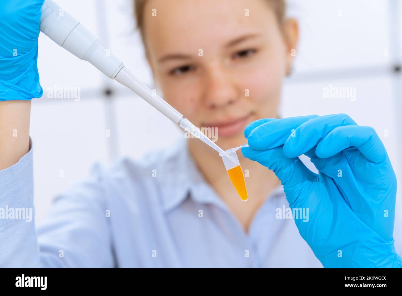 young woman in a microbiological laboratory fill microbes for PCR ...