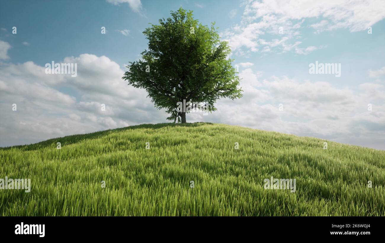 One tree hill nature landscape view green grass 3d render Stock Photo ...