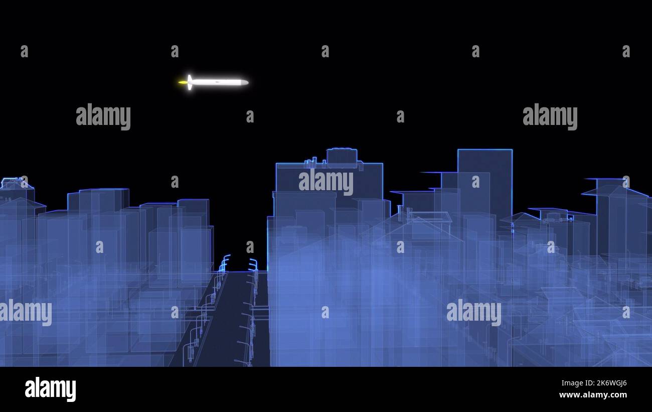 Rocket flying above city in fantasy 3d style Urban futuristic cityscape ...