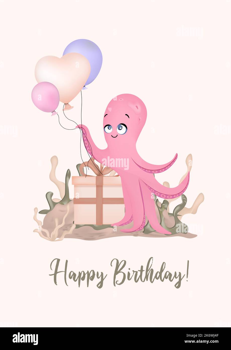 Interior poster for a children's room. Marine theme. Octopus pink on a ...