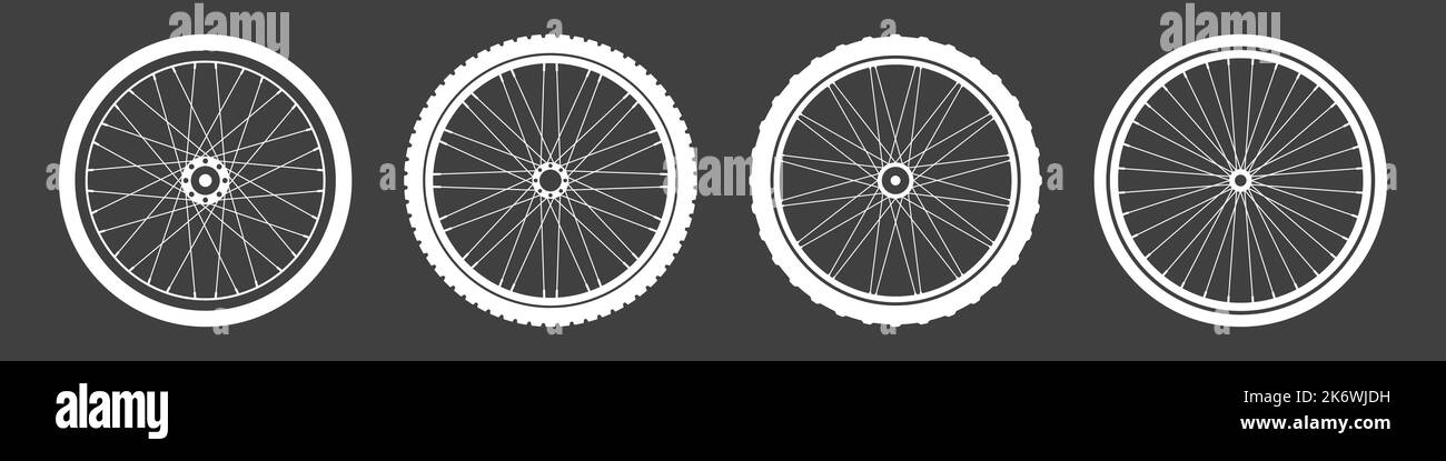 Black bicycle wheel symbols collection. Bike rubber tyre silhouettes ...