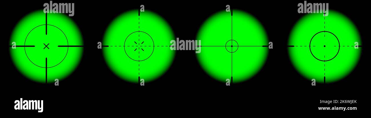 Various weapon night sights, sniper rifle optical scopes. Hunting gun ...