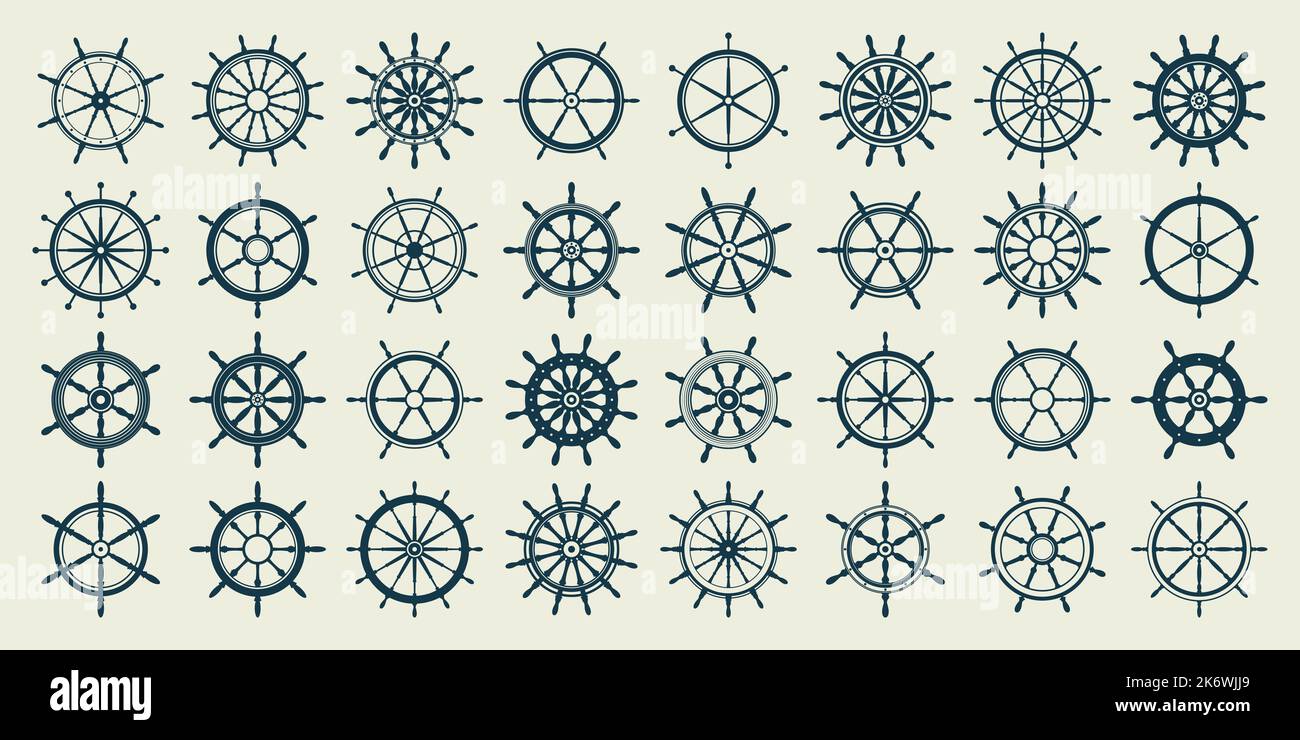 Collection of vintage steering wheels. Ship, yacht retro wheel symbol ...