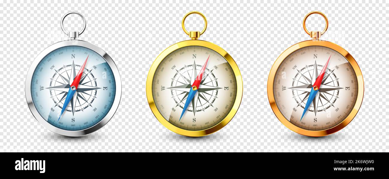Realistic silver and golden vintage compasses. Marine wind rose and ...