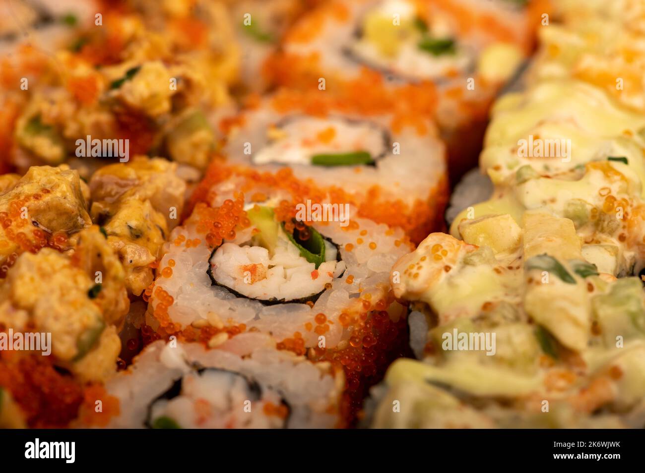 A set of different types of rolls in a box. Top view of various ...
