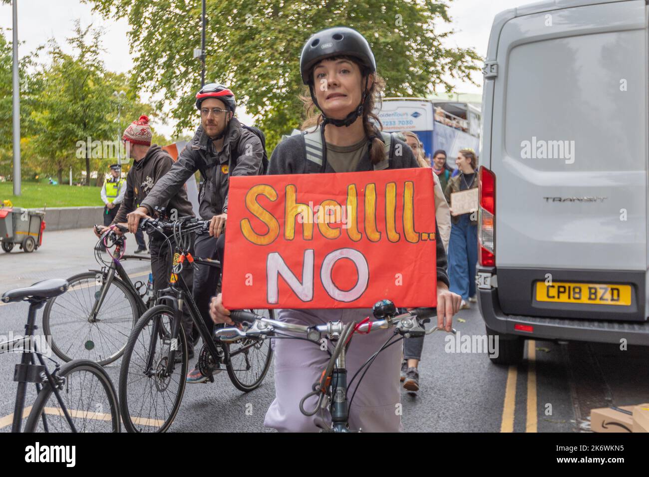 London, UK. 15 October 2022. Activists from Fossil Free London hold a ...