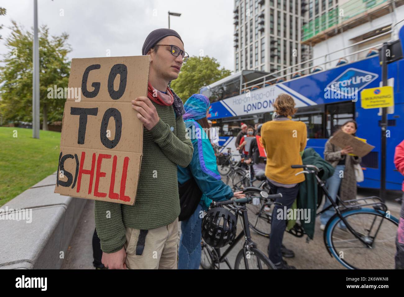 London, UK. 15 October 2022. Activists from Fossil Free London hold a ...