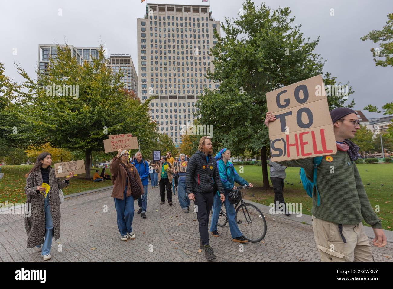 London, UK. 15 October 2022. Activists from Fossil Free London hold a ...