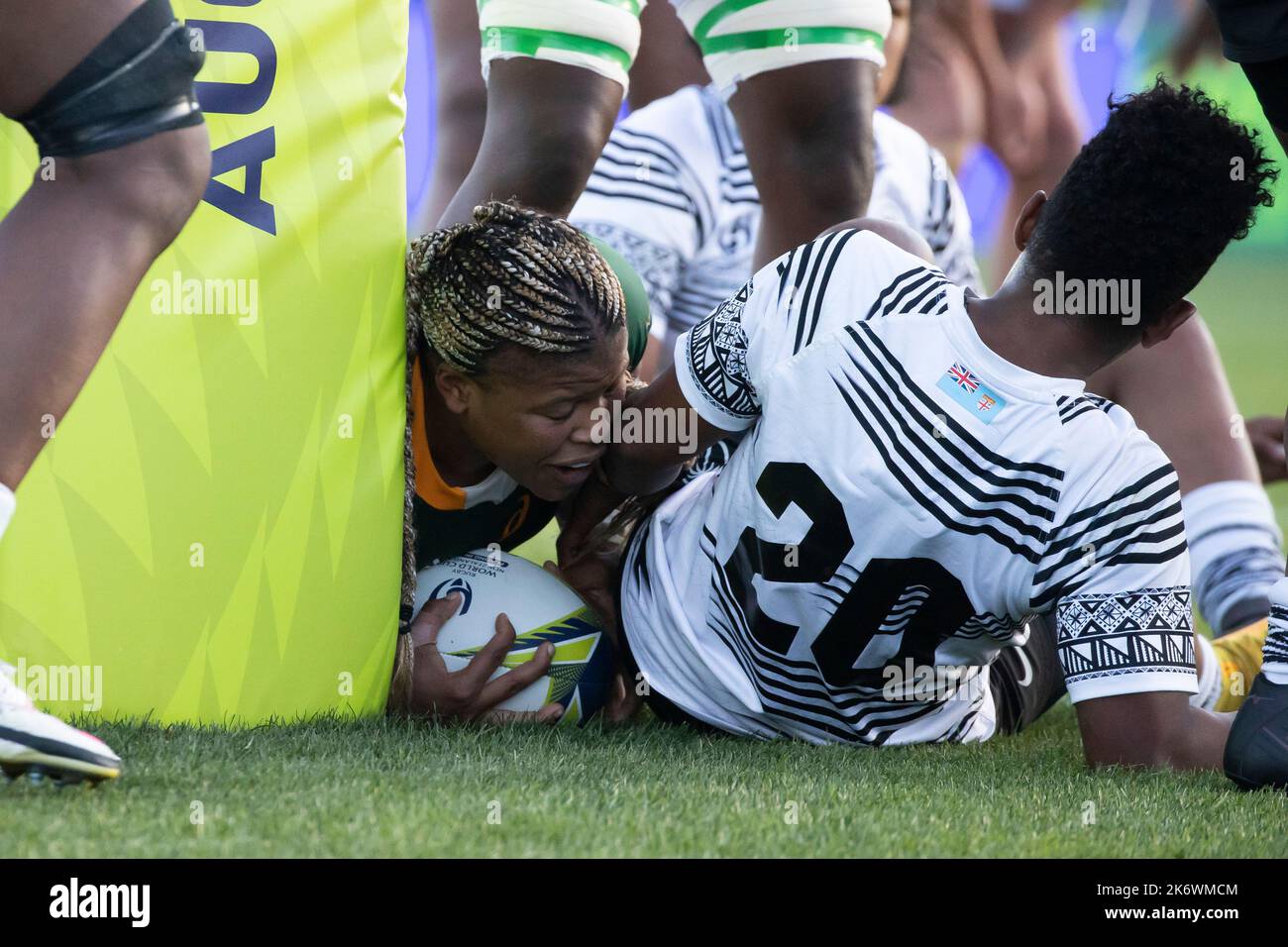 South Africa's Aseza Hele scores a try during the Women's Rugby World ...