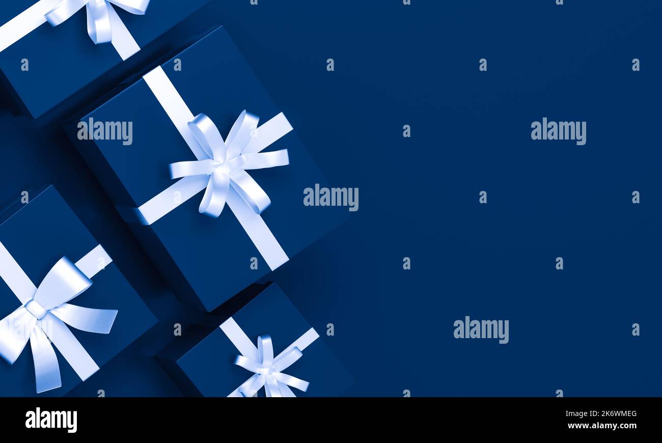 Blue gifts with white ribbon on an elegant dark blue background. 3D ...