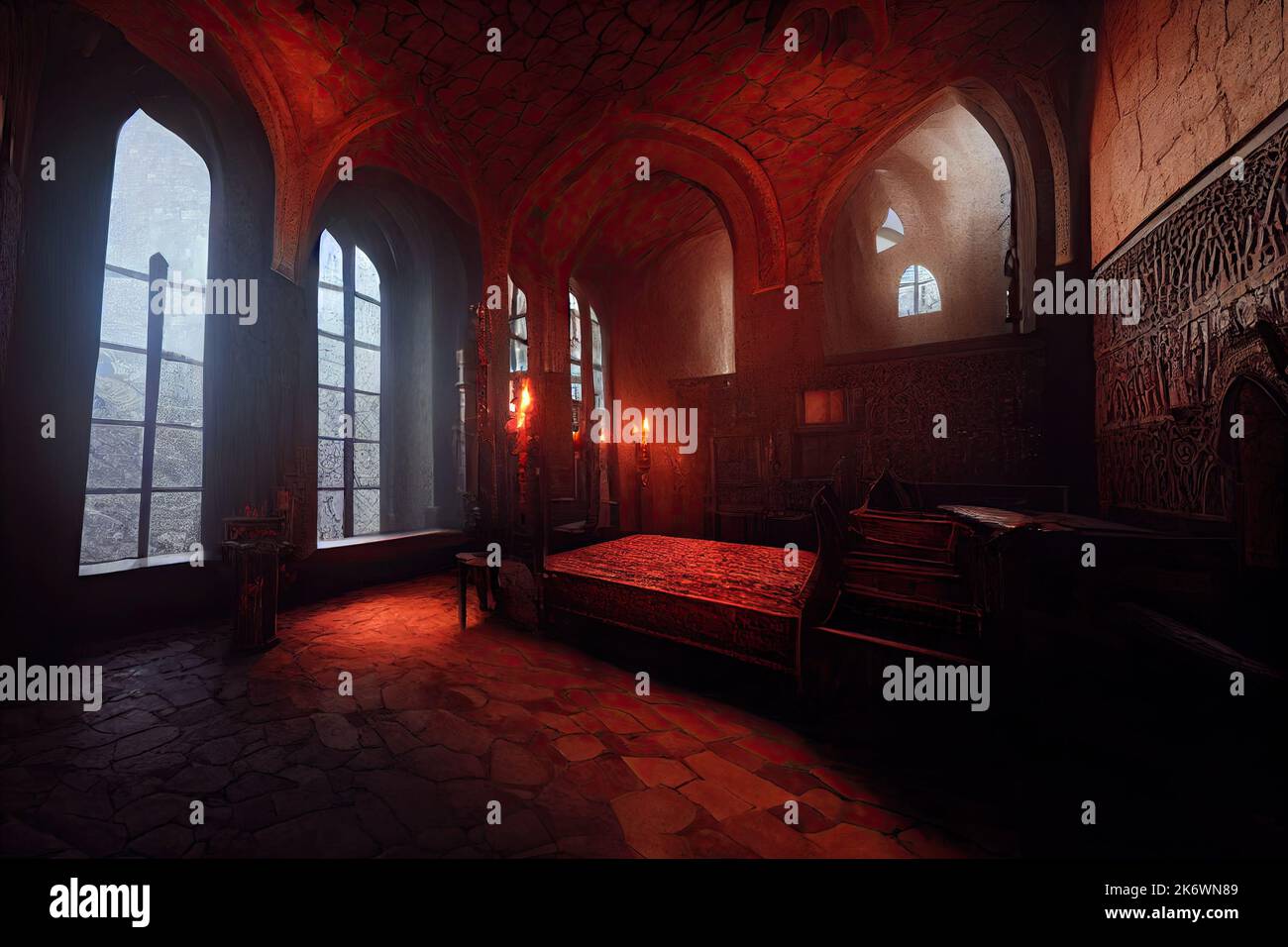 interior of Dracula castle, victorian furnitures bedroom illuminated by ...