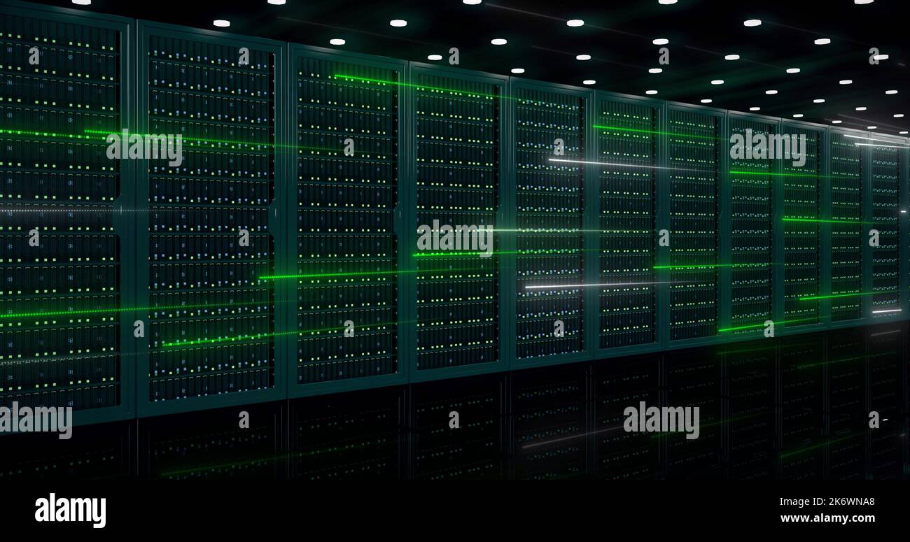 Powerful servers sit behind glass panels in a server room of a data ...