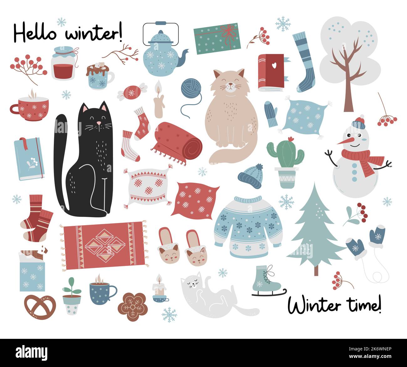 Big winter cozy collection of seasonal items, food, cute cats, trees ...