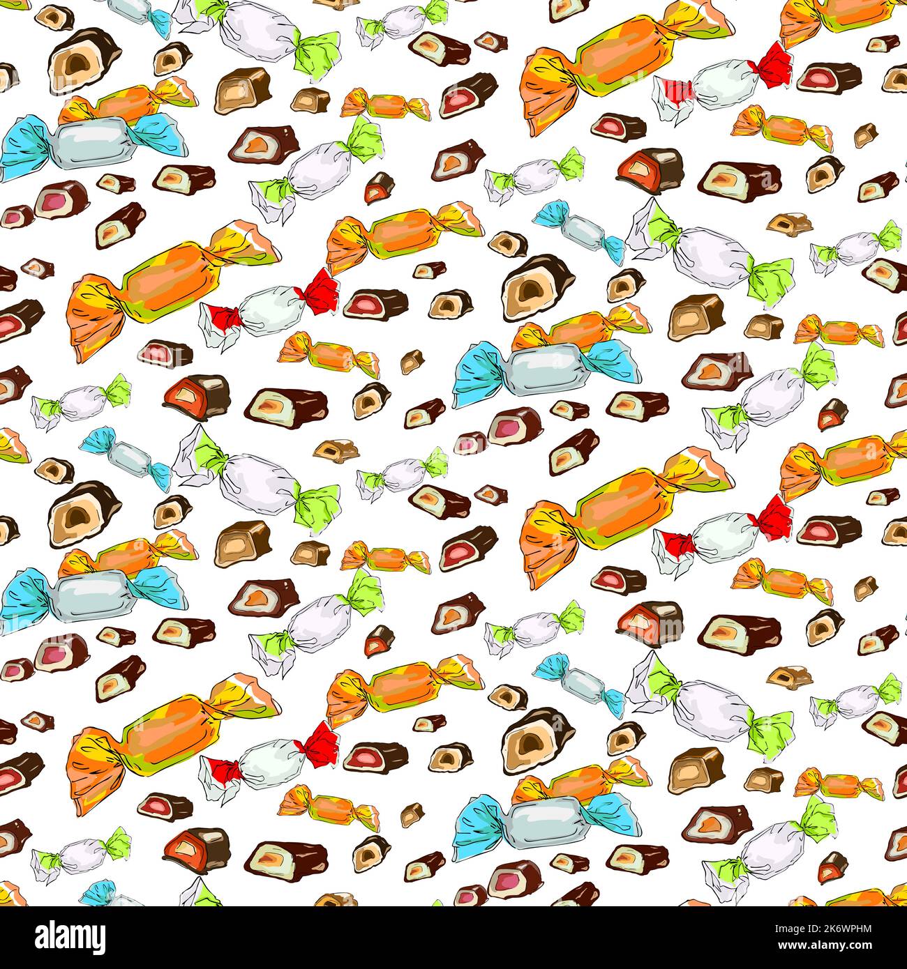 Seamless pattern of colorful wrapped and sliced chocolate candy stuffed ...