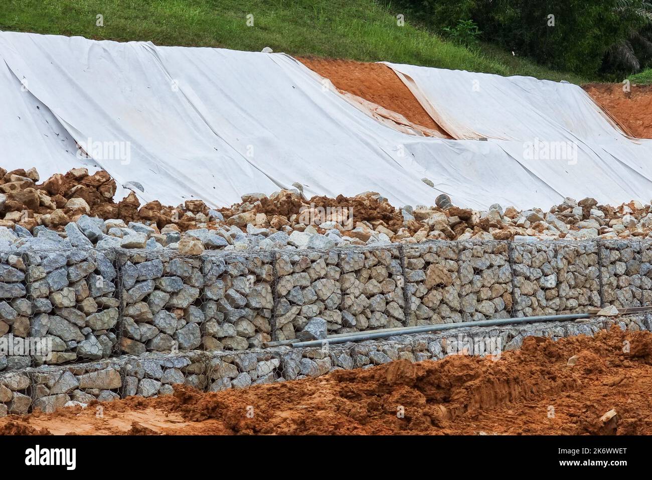 Series of close-up slope retention construction design with rocks and ...
