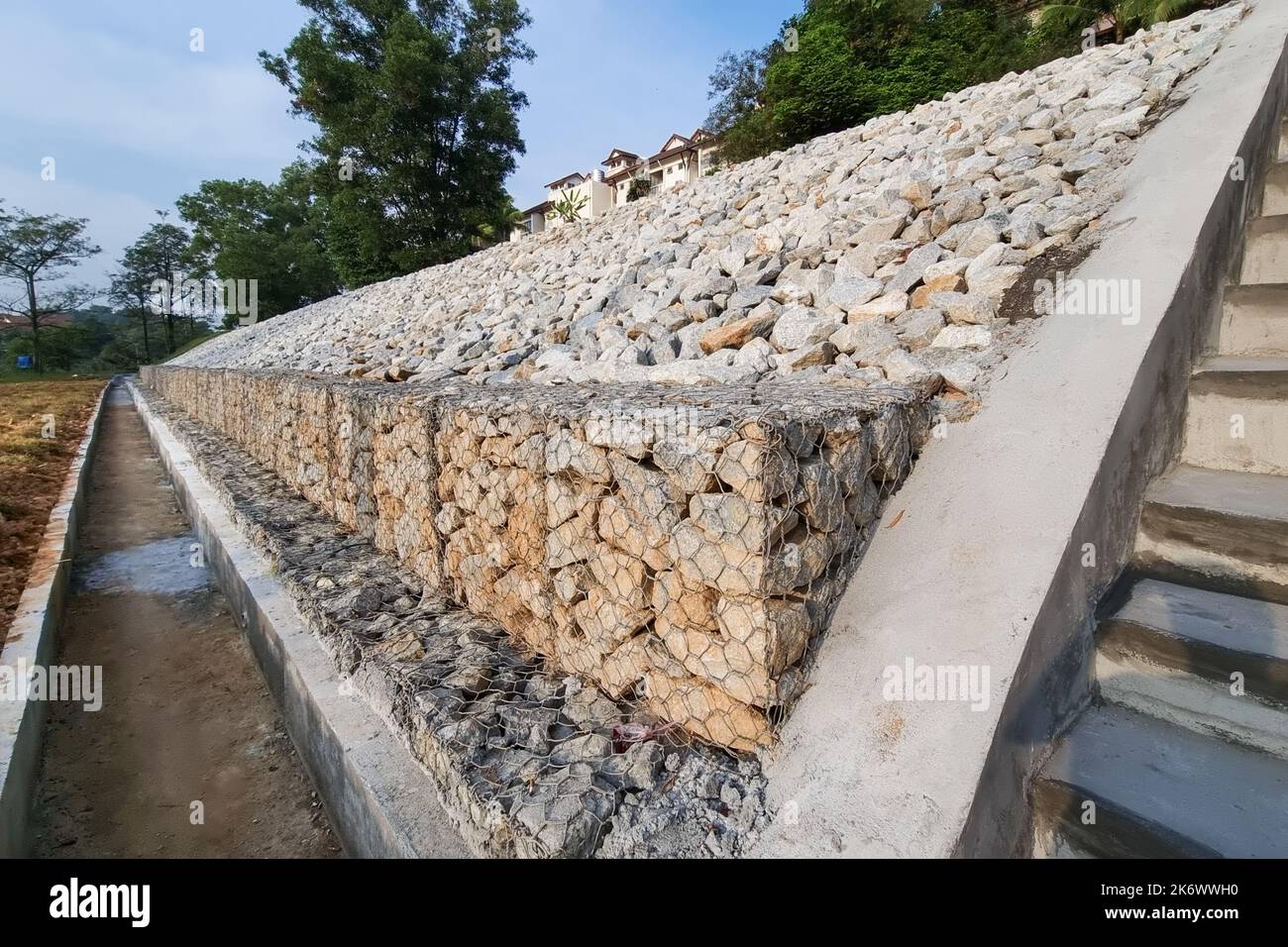 Close-up of completed slope retention construction design with rocks ...