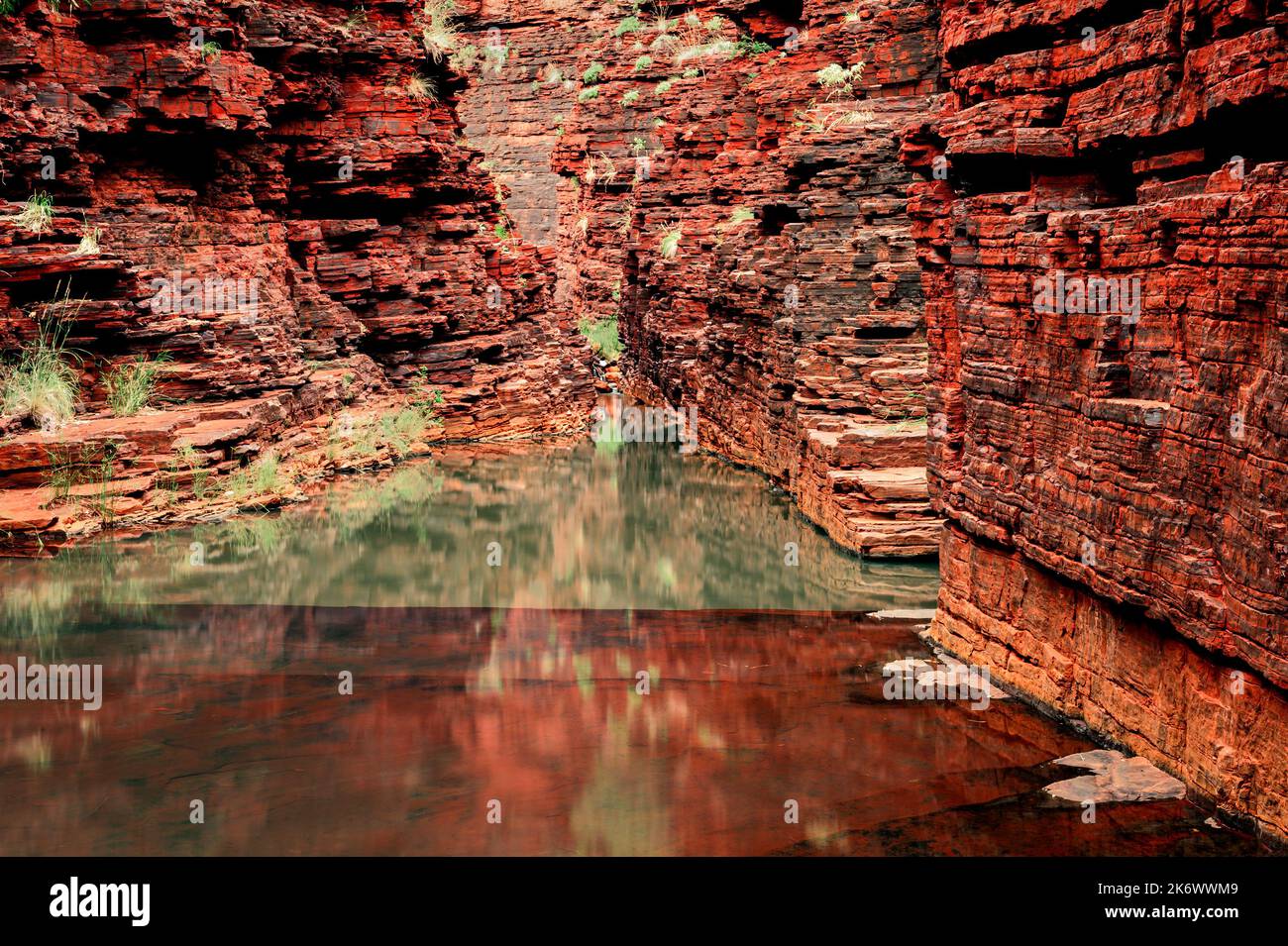 Red rock walls of Karijini's Hancock Gorge reflecting in a waterhole ...