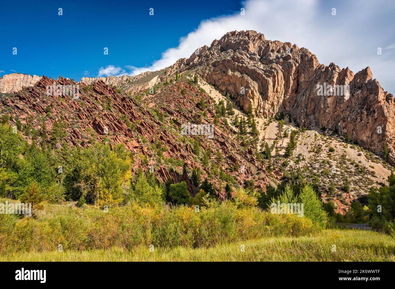 The Palisades, Madison Deseret Limestone (r), Hades Pass rocks (l ...