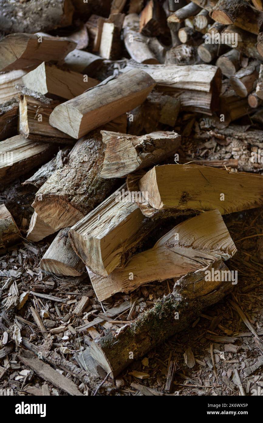 Pile of logs in a shelter in the countryside Stock Photo - Alamy