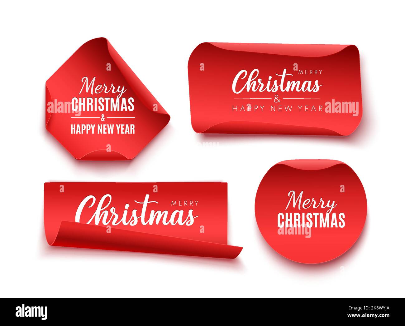 Red Christmas labels and tags. Realistic 3d ribbons isolated on white ...