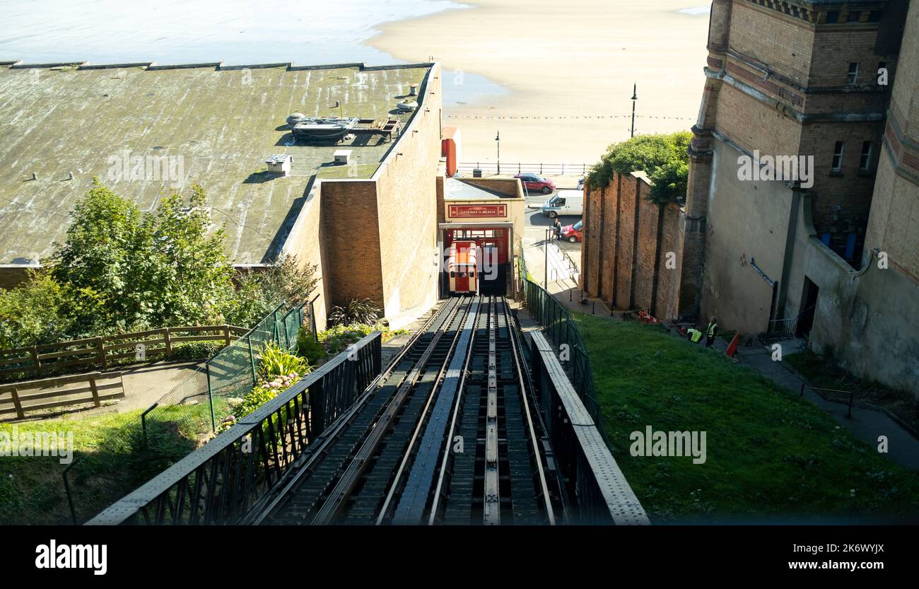 The cliff top tram or funicular to the promenade in the seaside town of ...